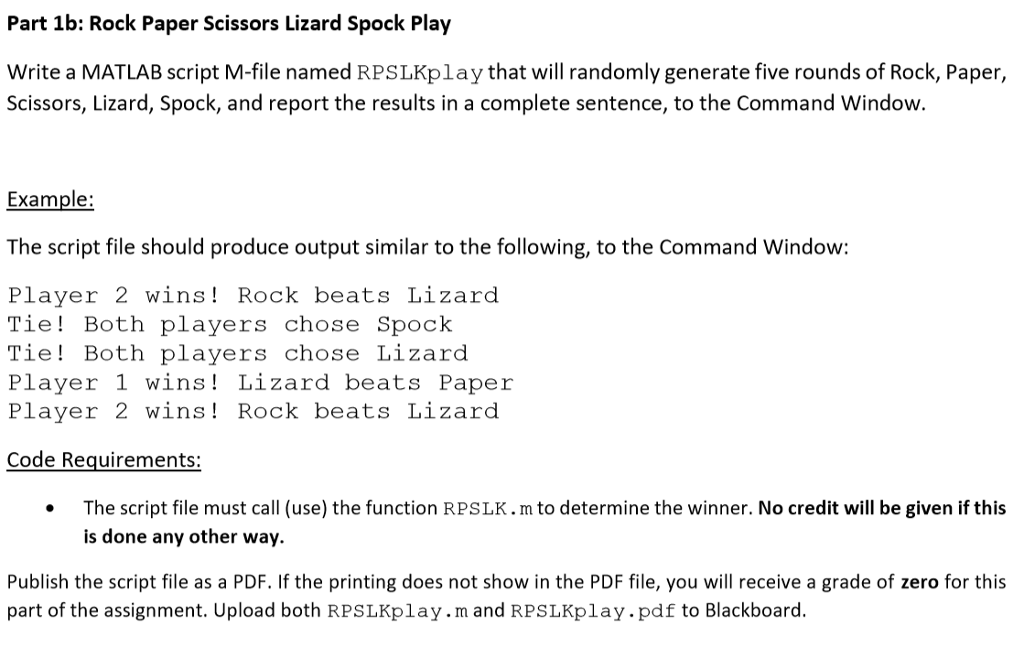 Solved Write A Matlab Script M File Named Rpslkplay That