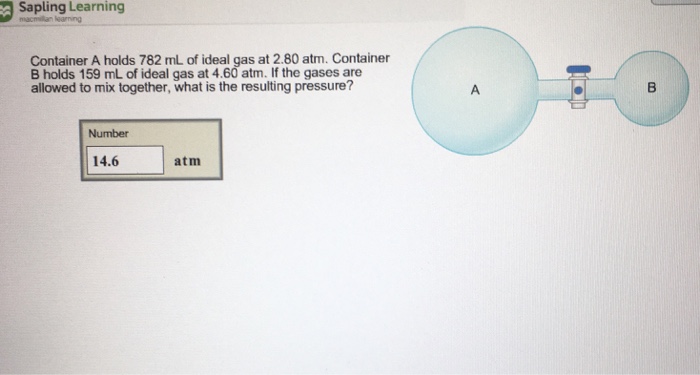 Solved Container A holds 782 mL of ideal gas at 2.80 atm. | Chegg.com
