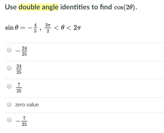 Solved Use double angle identities to find cos(2 theta). | Chegg.com