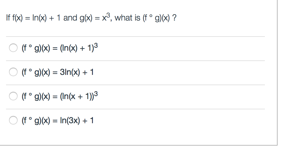 Solved (f g)(x) (ln (x) 1) (f o g)(x) 3ln(x) 1 (f g)(x) (ln | Chegg.com