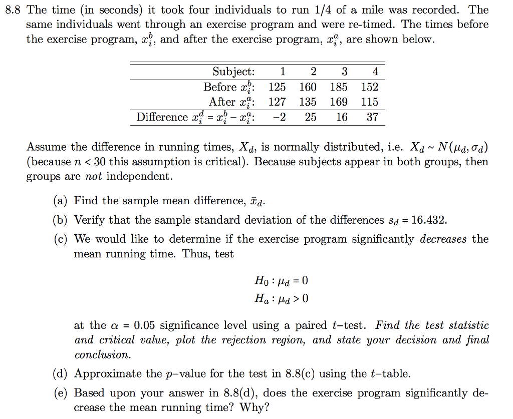 Solved 8.8 The time (in seconds) it took four individuals to | Chegg.com