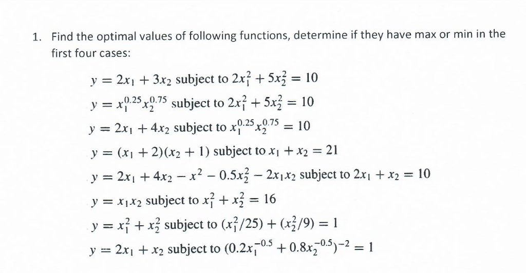 Solved 1. Find the optimal values of following functions, | Chegg.com