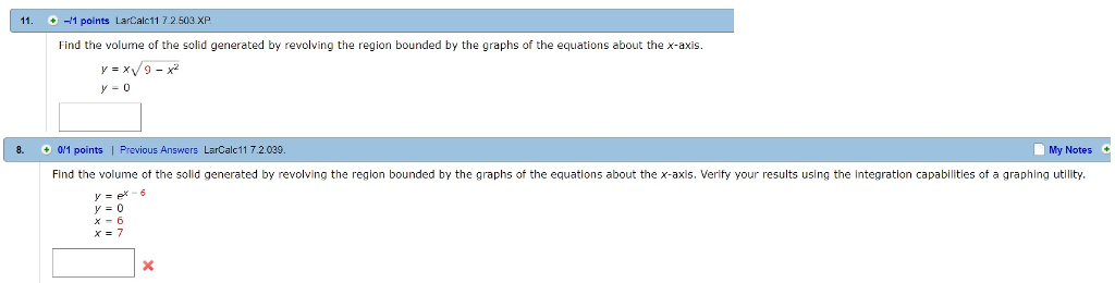 Solved 11. -11 points LarCalc11 72.503 XP Find the volume of | Chegg.com