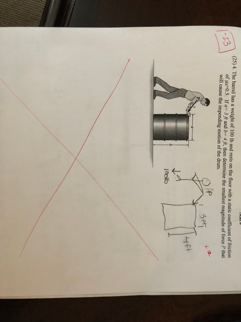 Solved (25)4. The barrel has a weight of 100 lb and rests on | Chegg.com