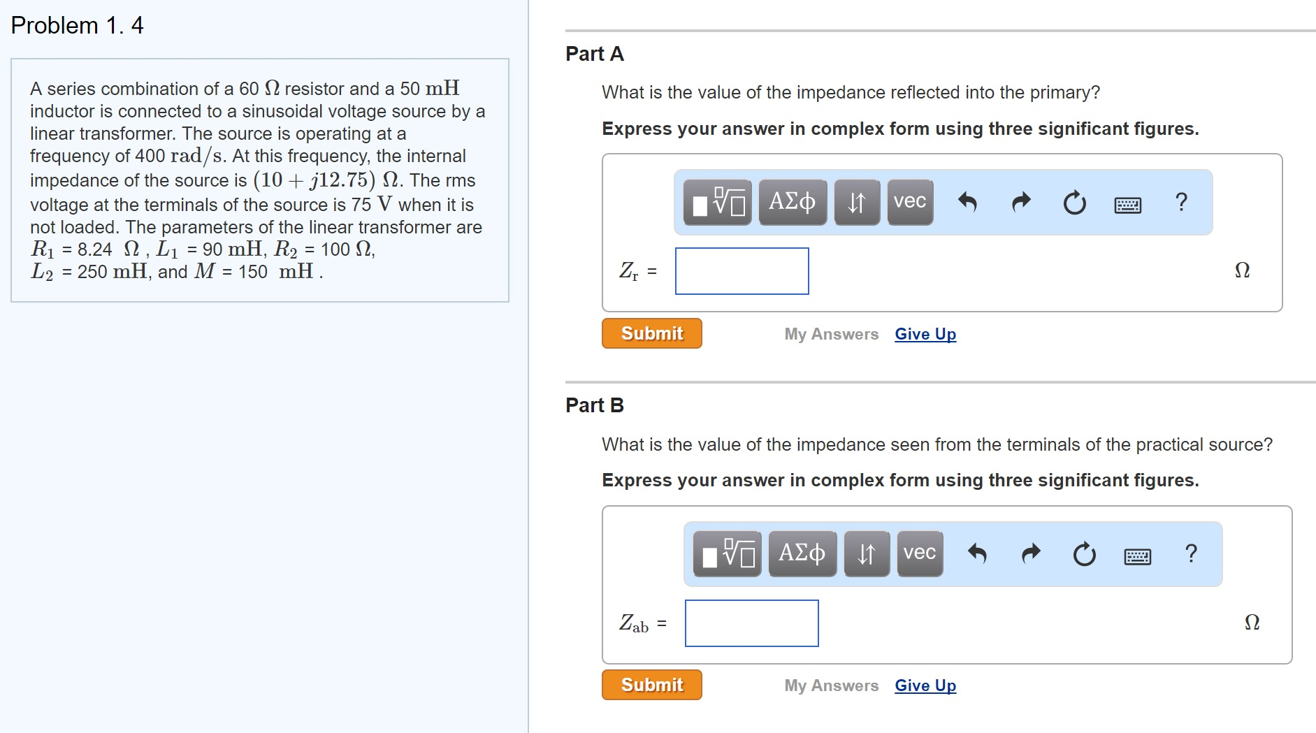 Solved A Series Combination Of A 60 Ohm Resistor And A 50 Mh