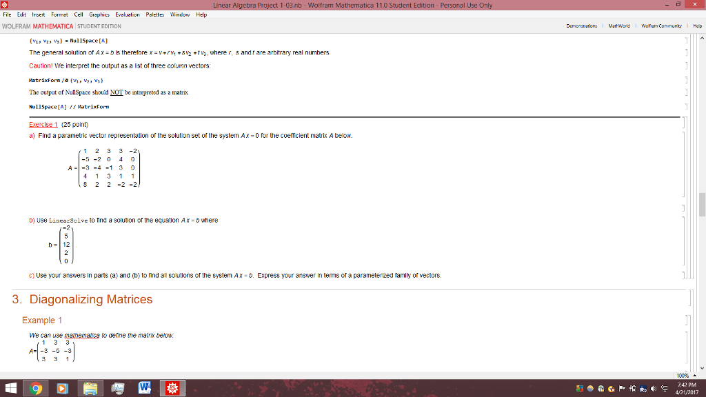 Solved Linear Algebra Project 1-03 nb Wol am Mathematica | Chegg.com