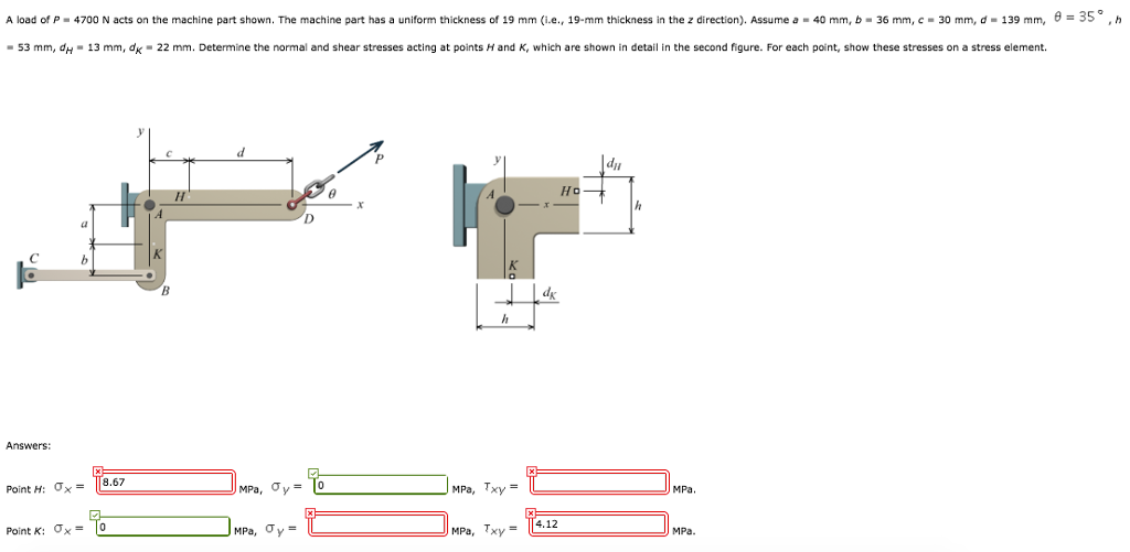 Solved A load of P-4700 N acts on the machine part shown. | Chegg.com