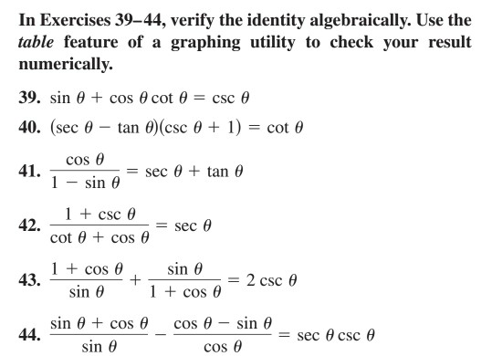 Solved Verify the identity algebraically. Use the table | Chegg.com