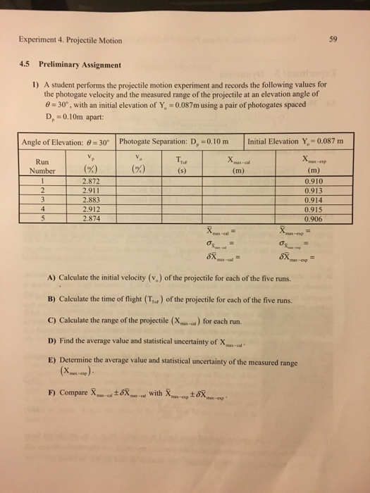 Solved Experiment 4. Projectile Motion 59 4.5 Preliminary | Chegg.com