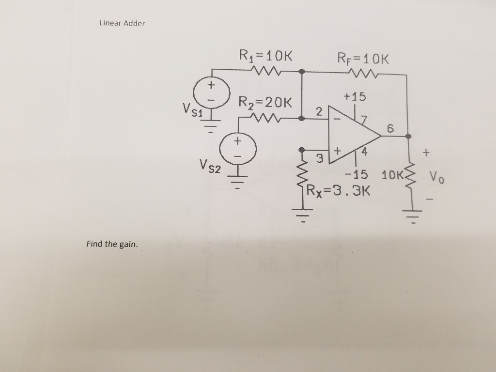 Solved Linear Adder R1=10K RF-10K +15 S1 2 6 3 S2 -15 10k Vo | Chegg.com