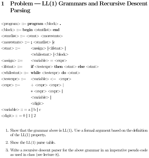 Solved 1 Problem LL(1) Grammars and Recursive Descent | Chegg.com Solved 1 Problem LL(1) Grammars and Recursive Descent | Chegg.com