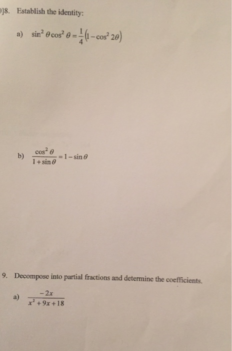 Solved Establish the identity: a) sin2 theta cos^2 theta = | Chegg.com