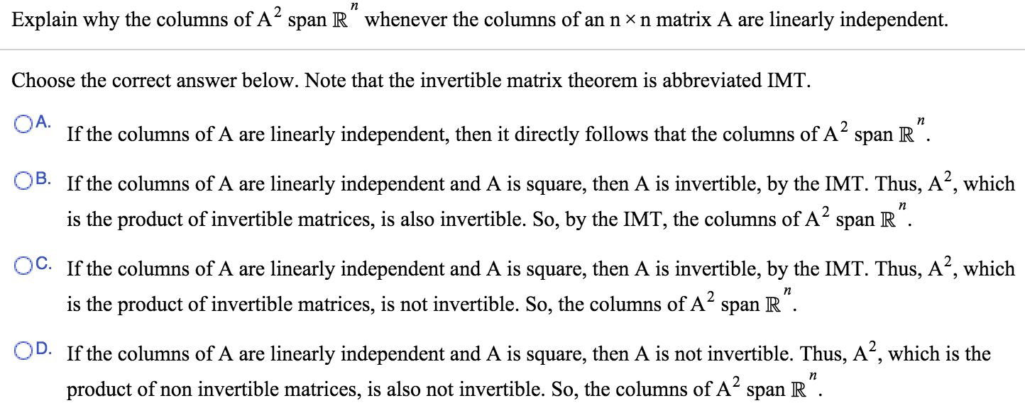 Solved Explain why the columns of A^2 span R^n whenever the | Chegg.com