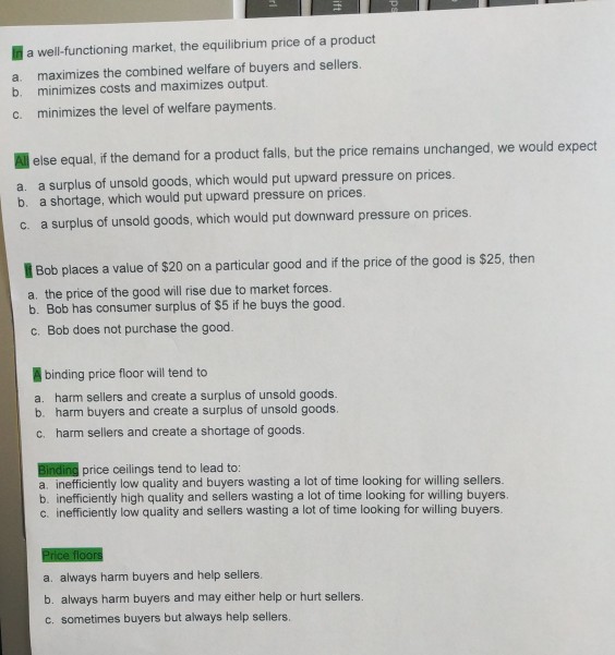 Solved n a well-functioning market, the equilibrium price of | Chegg.com