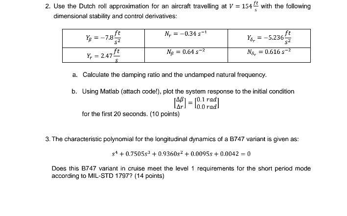 2. Use the Dutch roll approximation for an aircraft | Chegg.com