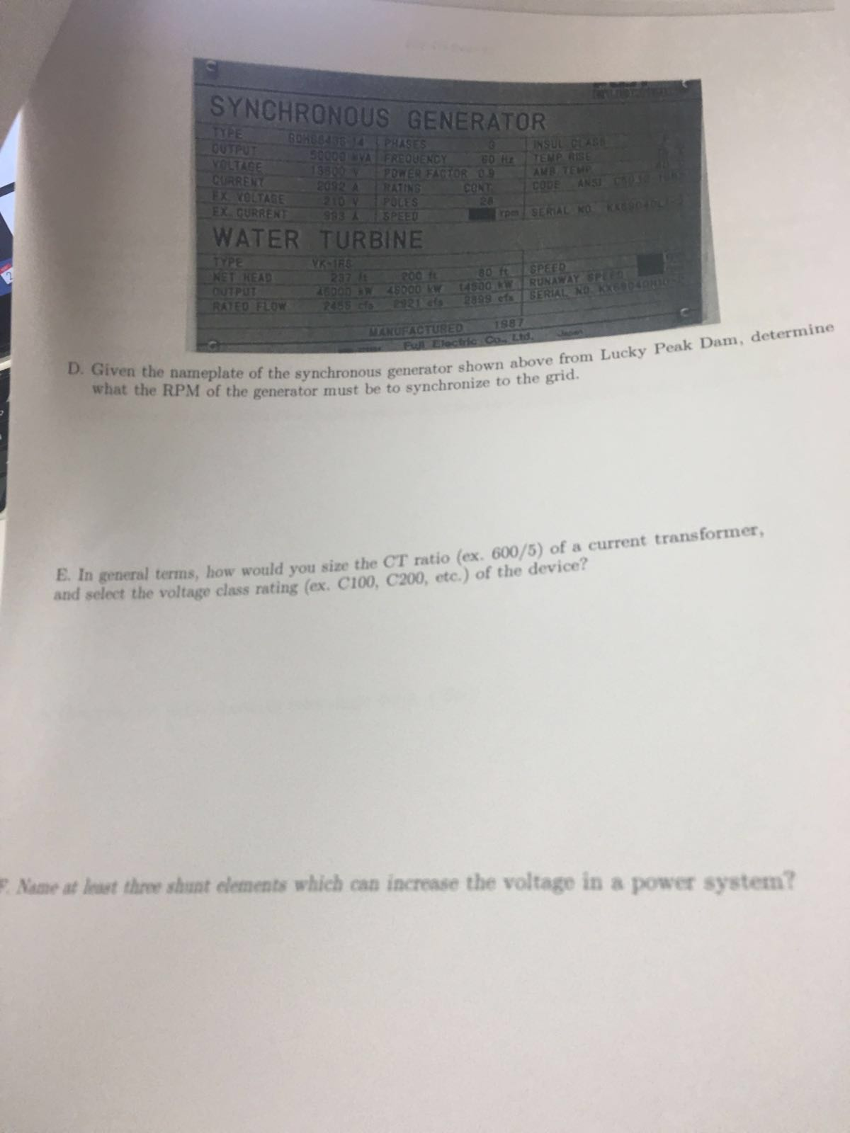 Solved Given the nameplate of the synchronous generator | Chegg.com