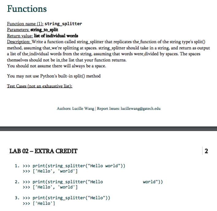 Solved Functions Function name (D: string splitter | Chegg.com