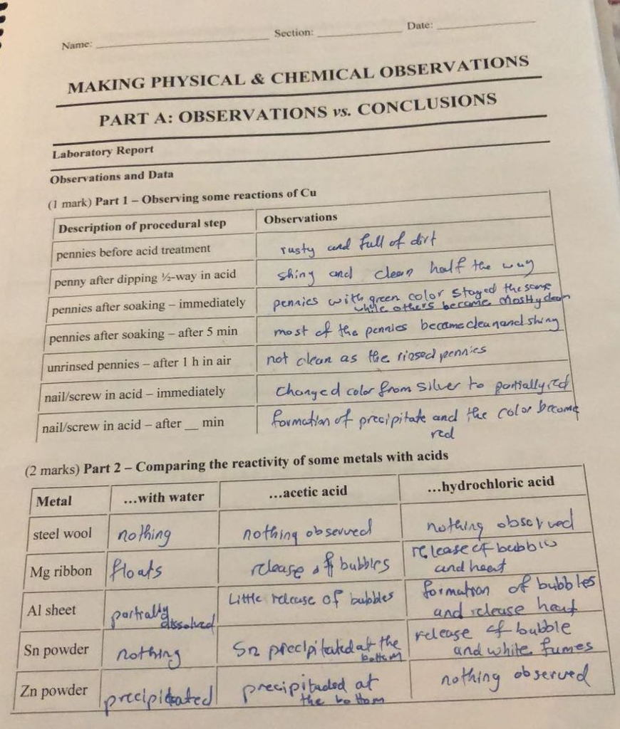 Solved Date: Section Name MAKING PHYSICAL & CHEMICAL | Chegg.com