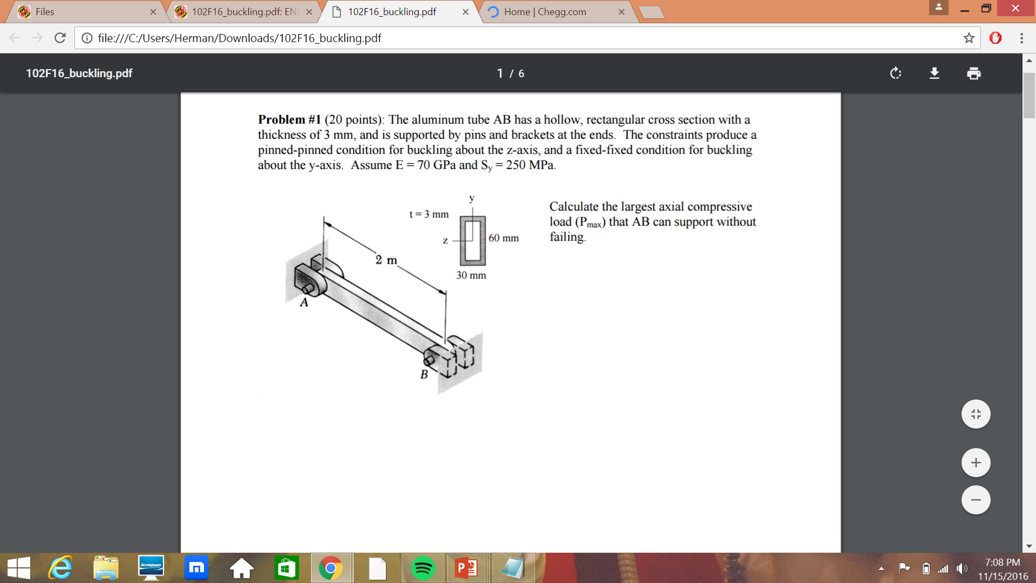 Solved The aluminum tube AB has a hollow, rectangular cross | Chegg.com