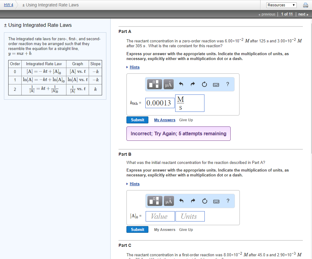 Solved HW 4 ± Using Integrated Rate Laws Resources previous | Chegg.com