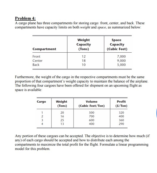 Solved Problem 4: A cargo plane has three compartments for | Chegg.com