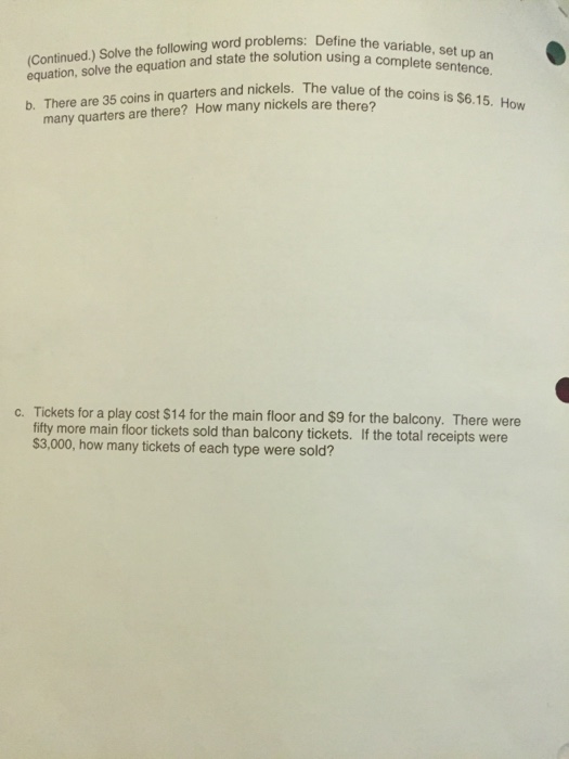 Solved Solve the following word problems: Define the | Chegg.com