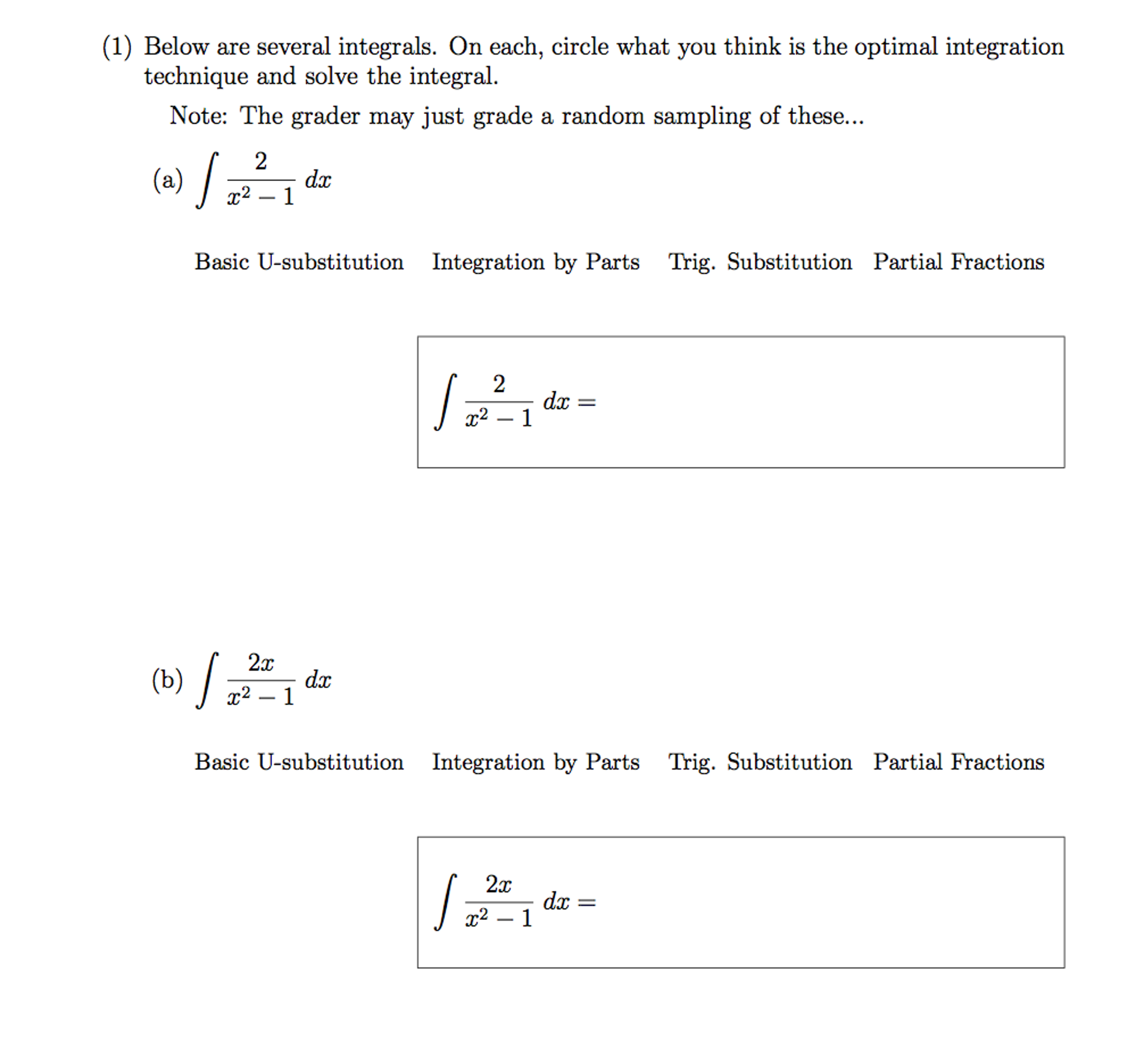 Solved Below are several integrals. On each, circle what you | Chegg.com