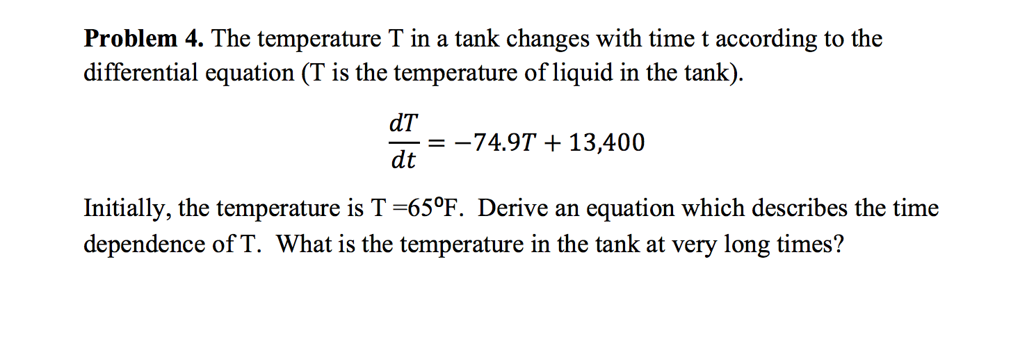Solved The temperature T in a tank changes with time t | Chegg.com