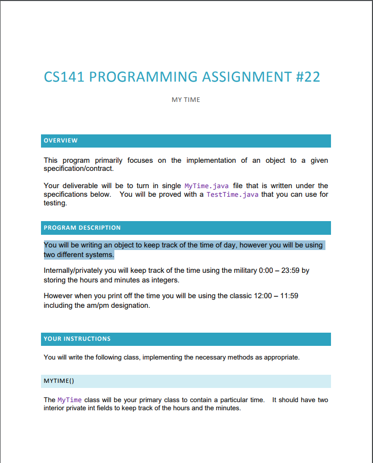 Solved CS141 PROGRAMMING ASSIGNMENT #22 MY TIME OVERVIEW | Chegg.com