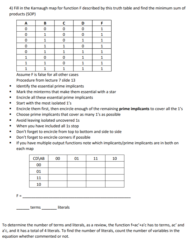Solved 4) Fill in the Karnaugh map for function F described | Chegg.com