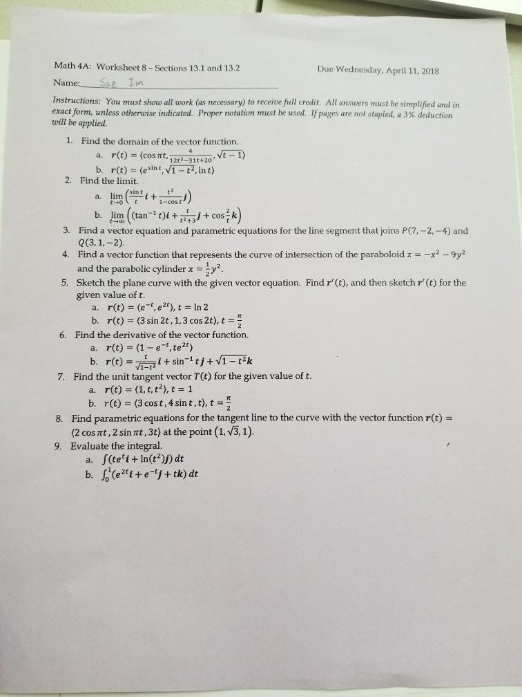 Solved Math 4A: Worksheet 8 -Sections 13.1 and 13.2 Due | Chegg.com