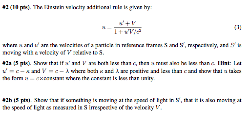 Solved The Einstein velocity additional rule is given by: u | Chegg.com