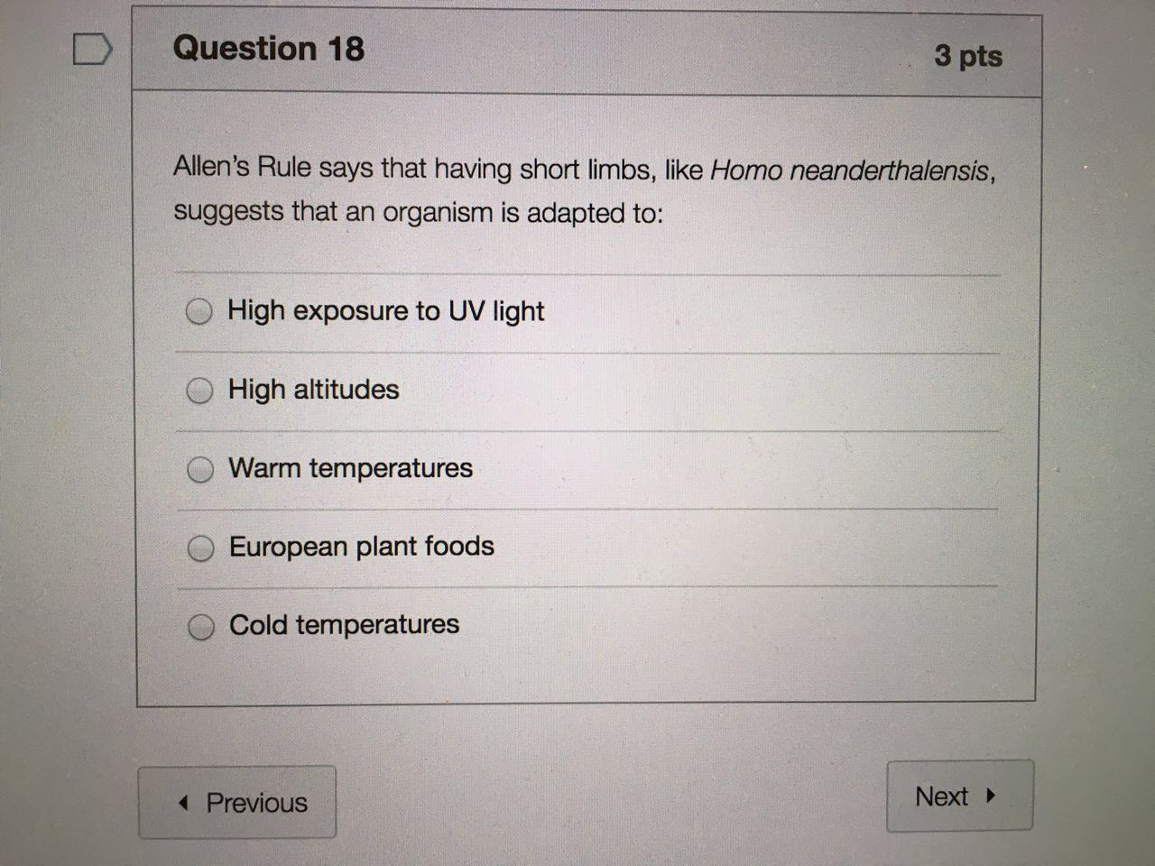 Solved Allen's Rule says that having short limbs, like Homo | Chegg.com