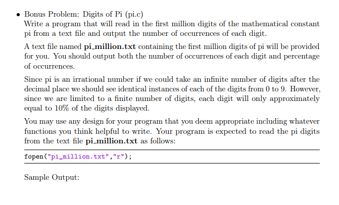 Solved Bonus Problem: Digits of Pi (pi.c) Write a program | Chegg.com