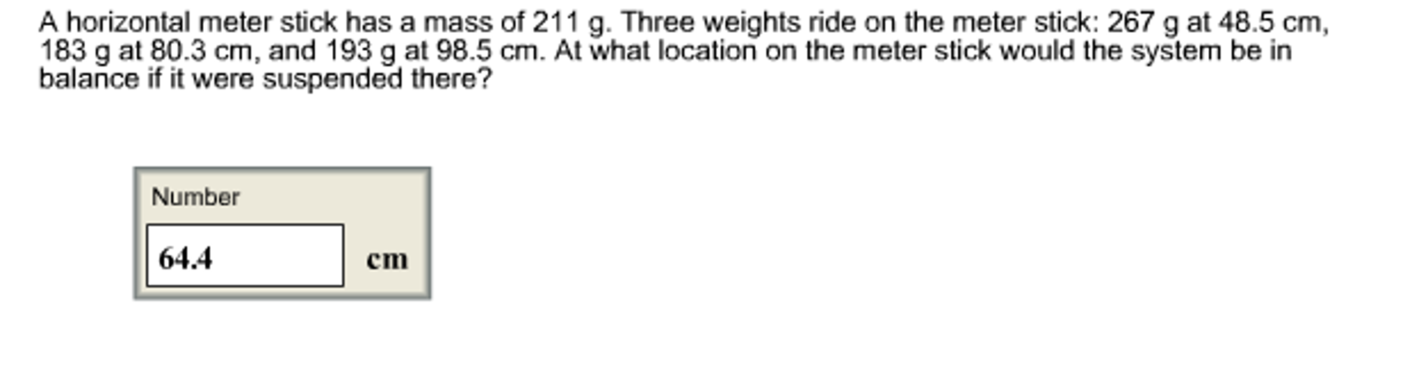 Solved A horizontal meter stick has a mass of 211 g. Three | Chegg.com