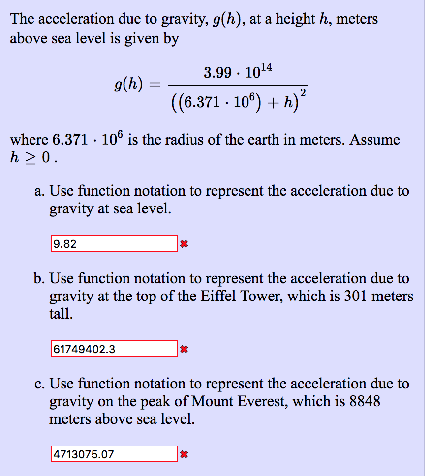 Solved The acceleration due to gravity, g(h), at a height h, | Chegg.com