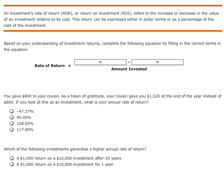 Solved An investment's rate of return (ROR), or return on | Chegg.com