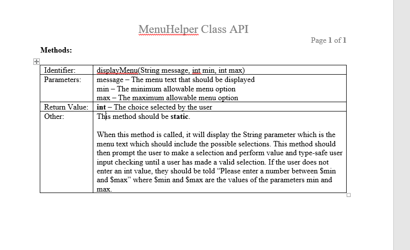 Solved MenuHelper Class API Page 1 of 1 Methods Identifier: | Chegg.com