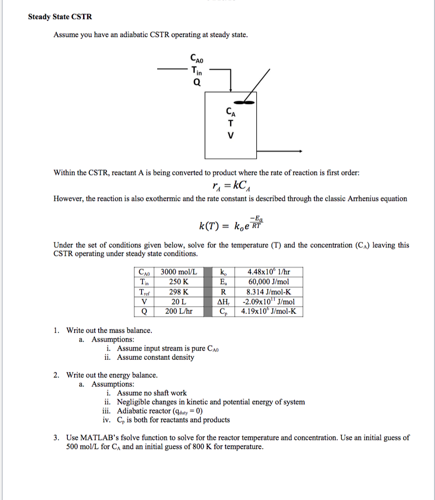Solved Steady State CSTR Assume you have an adiabatic CSTR | Chegg.com