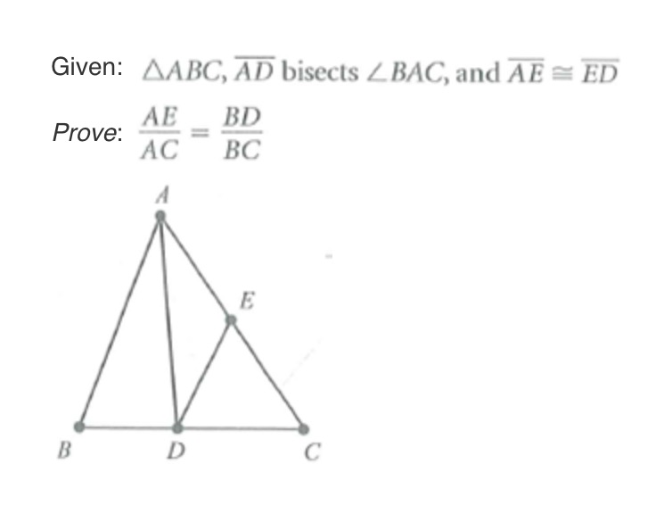 Solved Given: Delta ABC, AD bisects BAC, and AE = ED Prove: | Chegg.com