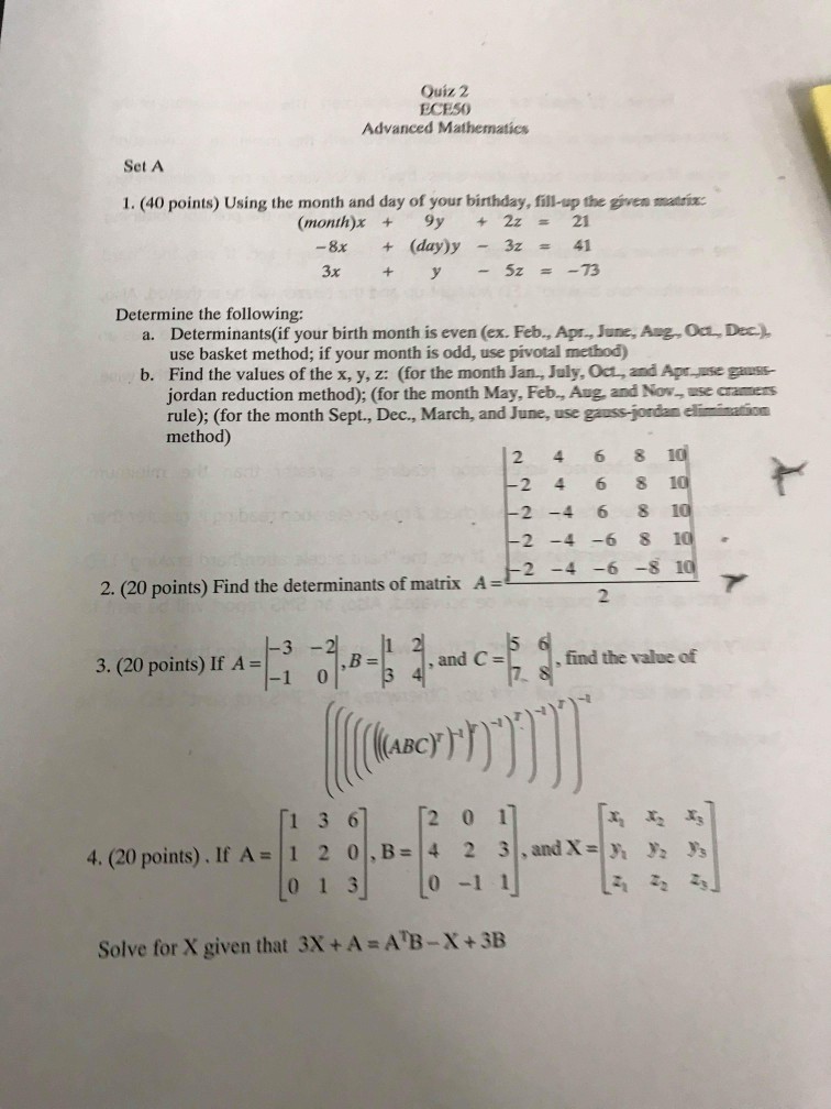 Solved Quiz 2 ECESO Advanced Mathematics Set A 1. (40 | Chegg.com