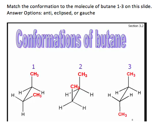 Solved Match the conformation to the molecule of butane 1-3 | Chegg.com