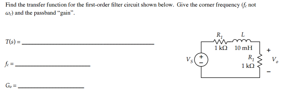Solved Find the transfer function for the first-order filter | Chegg.com