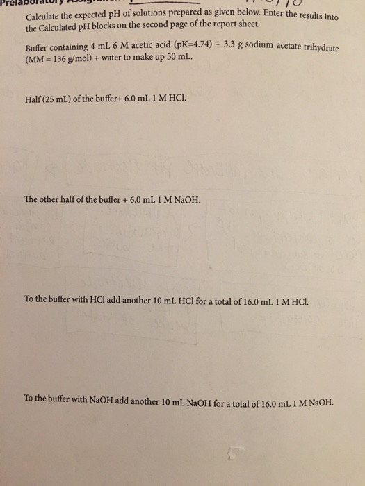 Prelaboraton Calculate the expected pH of solutions | Chegg.com