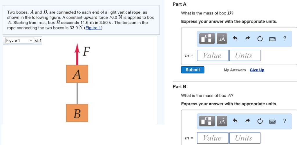 Solved Two boxes, A and B, are connected to each end of a | Chegg.com