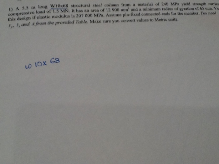 Solved A 5.5 m long W10x68 structural steel column from a | Chegg.com