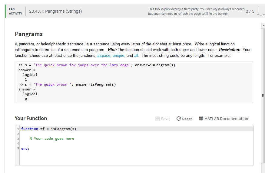 Solved LAB ACTIVITY 23.43.1: Pangrams (Strings) This tool is | Chegg.com