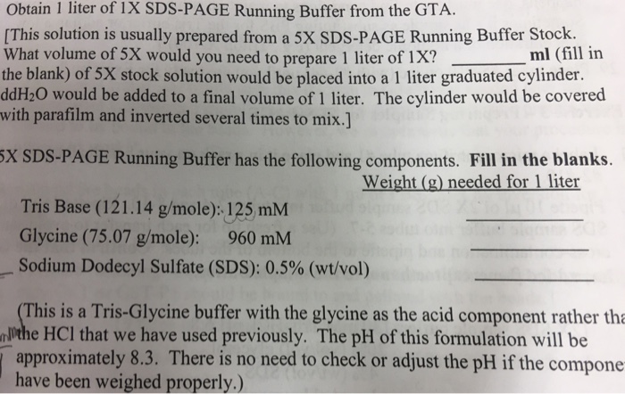 Solved Obtain 1 liter of 1X SDS-PAGE Running Buffer from the | Chegg.com