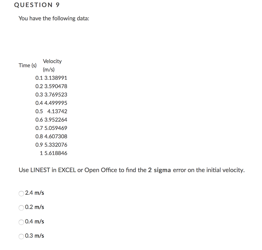 Solved QUESTION 9 You have the following data: Velocity ime | Chegg.com