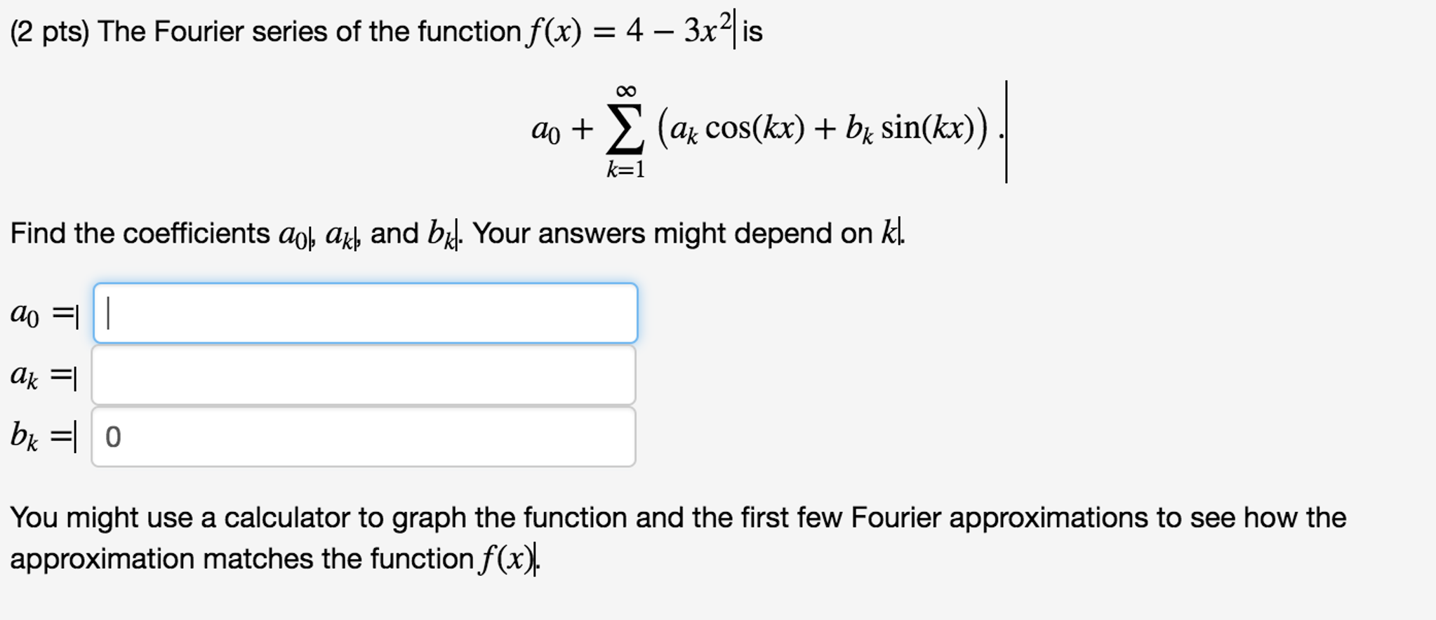 Solved The Fourier series of the function f(x) = 4 - 3x^2|is | Chegg.com